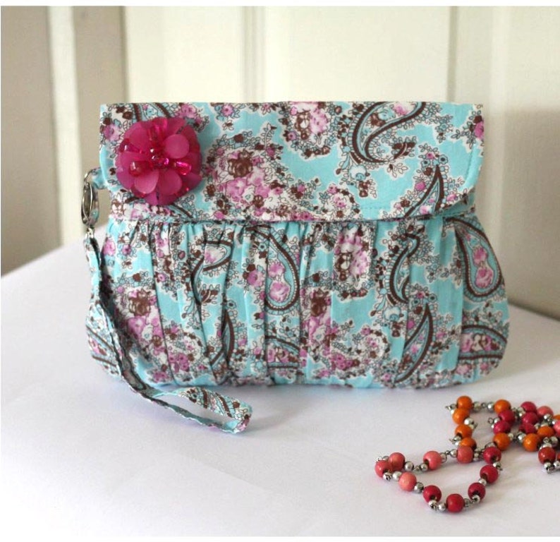 Summer Fashion Wristlet Purse Turquoise Blue, Paisley Cotton With ...