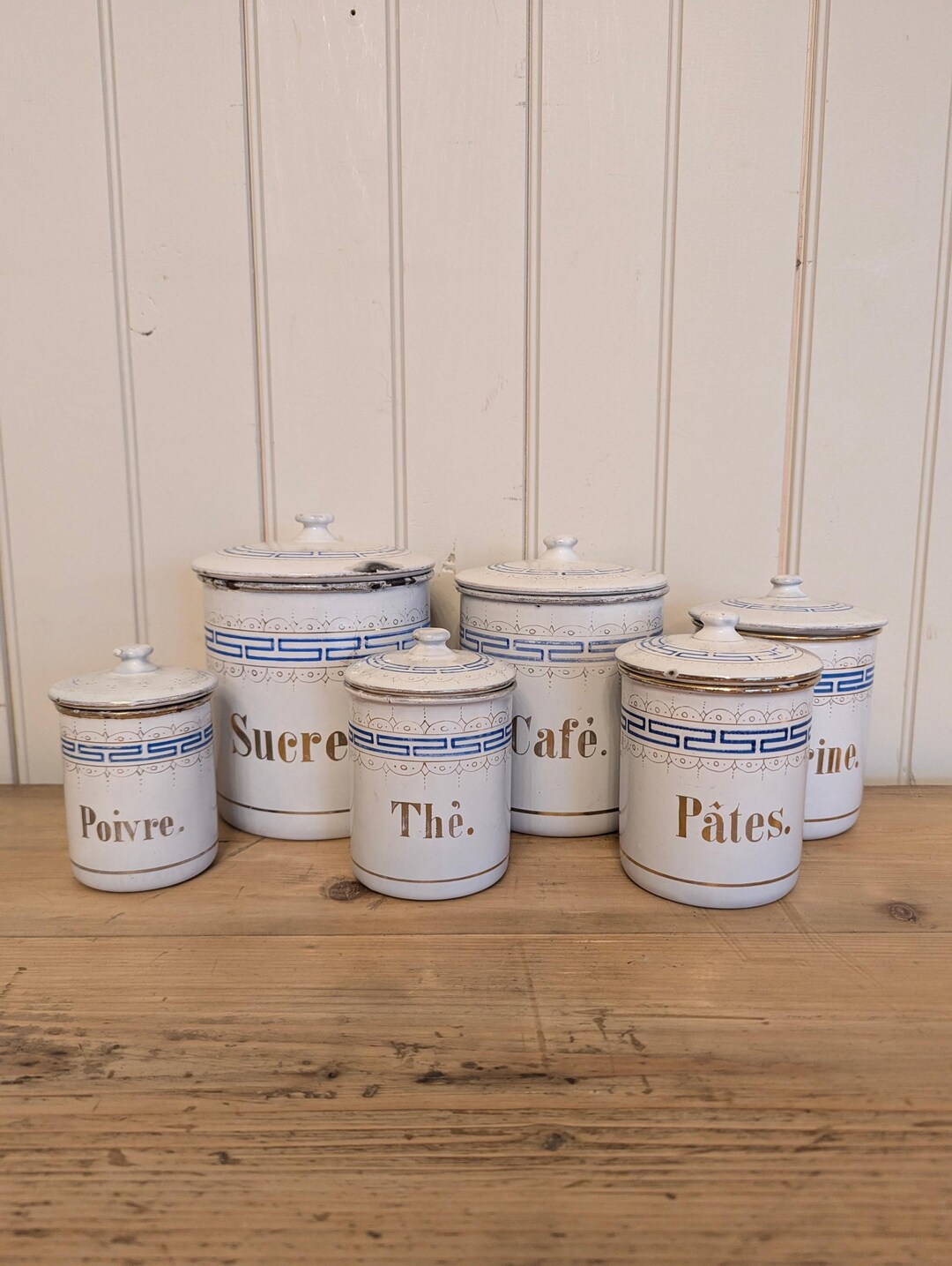 The 6 French Enamel Canisters - White|blue - Etsy