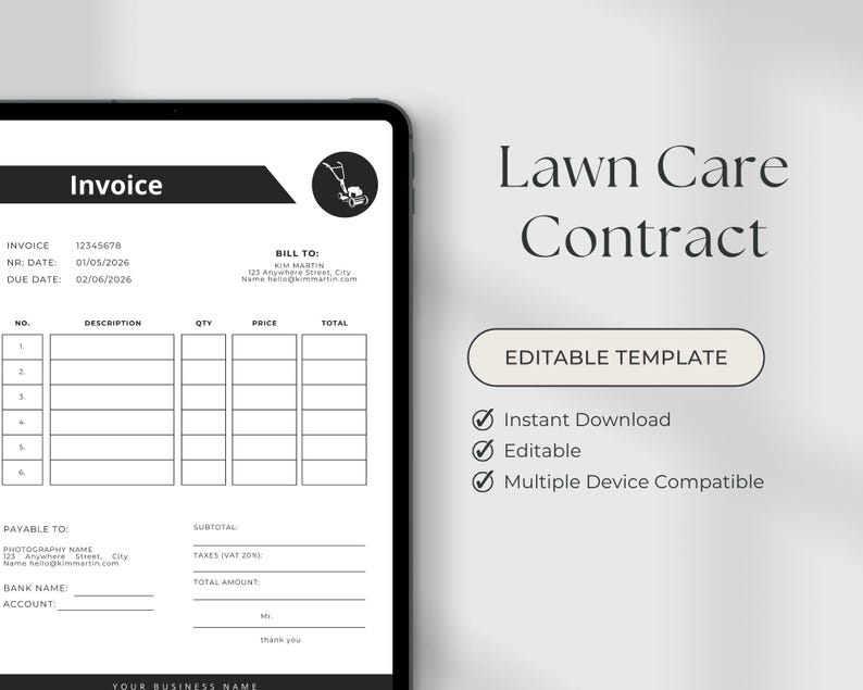 Editable Lawn Care Contract and Invoice Template (canva) - Etsy Australia