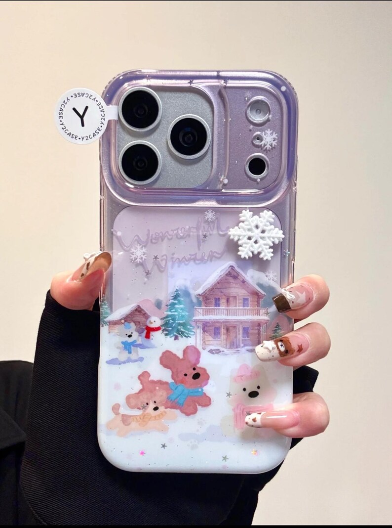 Cute Winter Snow Cabin Phone Case With Charm, 3D Snowflake Purple Cover ...