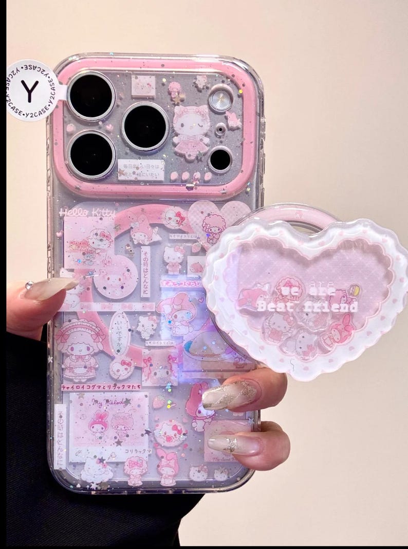 Pink Kawaii Kitty Magsafe Case With Heart Grip Stand & Charm, Glitter ...