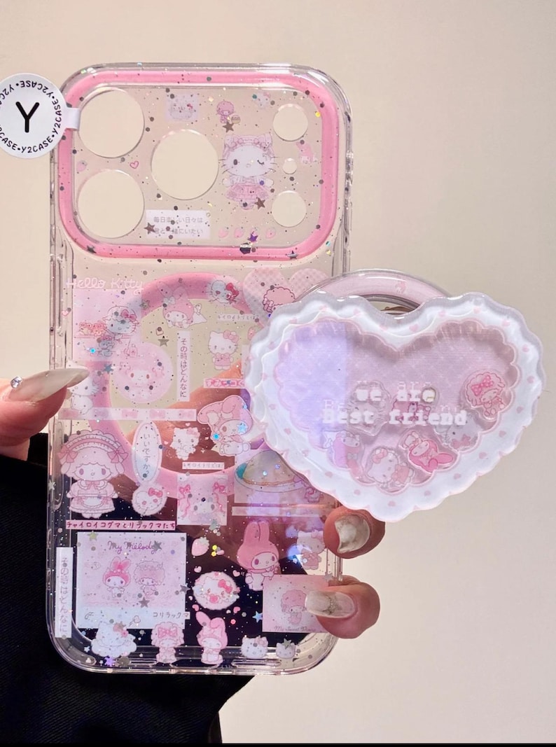 Pink Kawaii Kitty Magsafe Case With Heart Grip Stand & Charm, Glitter ...