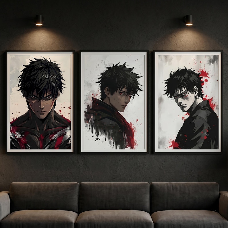Anime Poster, 3 Piece Anime Wall Art, Husbando Print, Edgy Dark Anime ...