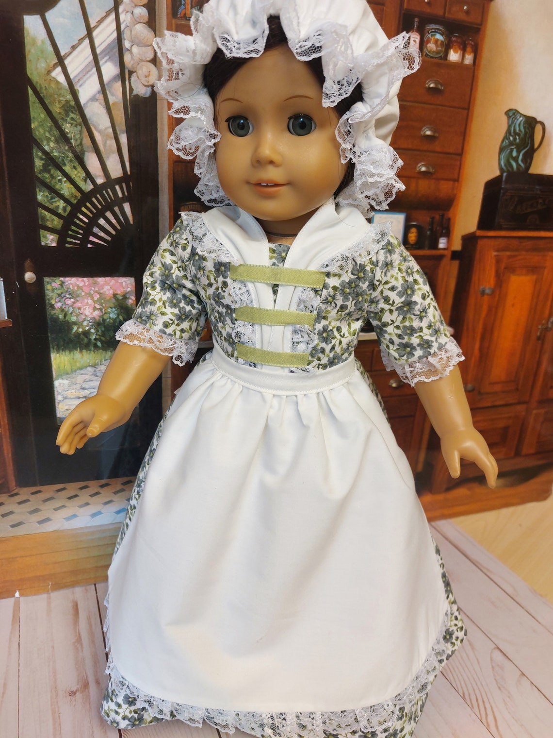 Colonial Day Dress With Apron, Shawl and Mop Cap Fits American Girl ...