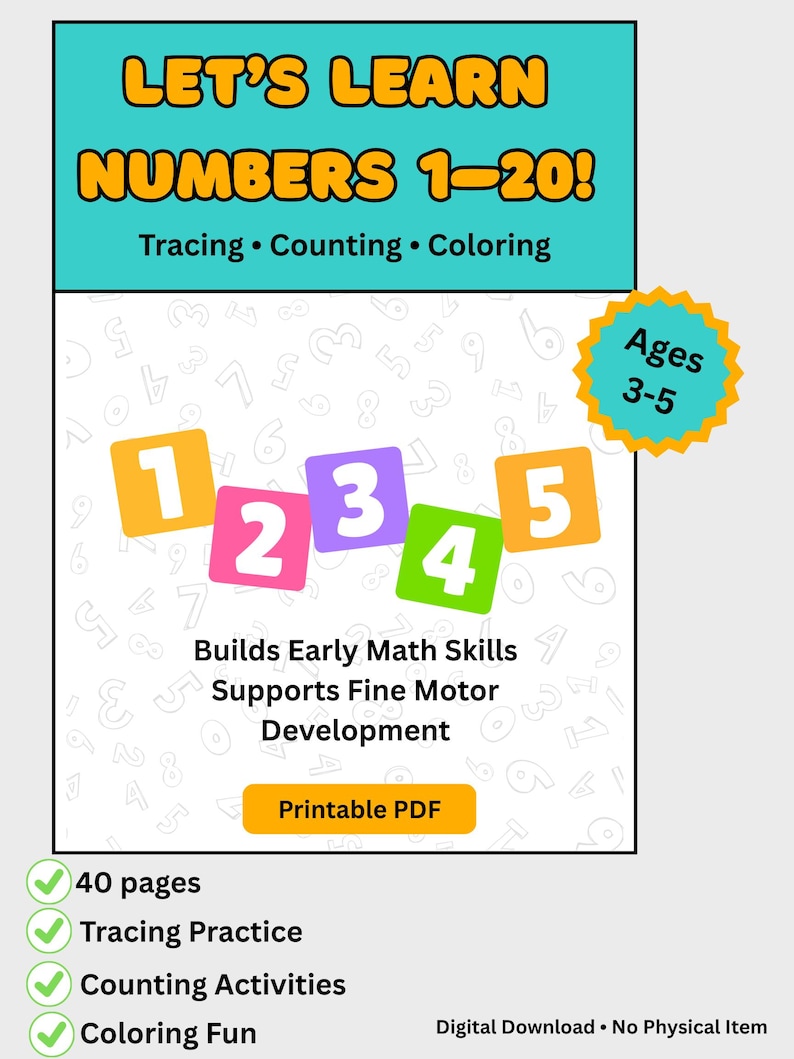 Numbers 1–20 Coloring and Tracing Book – Printable PDF (ages 3–5) - Etsy