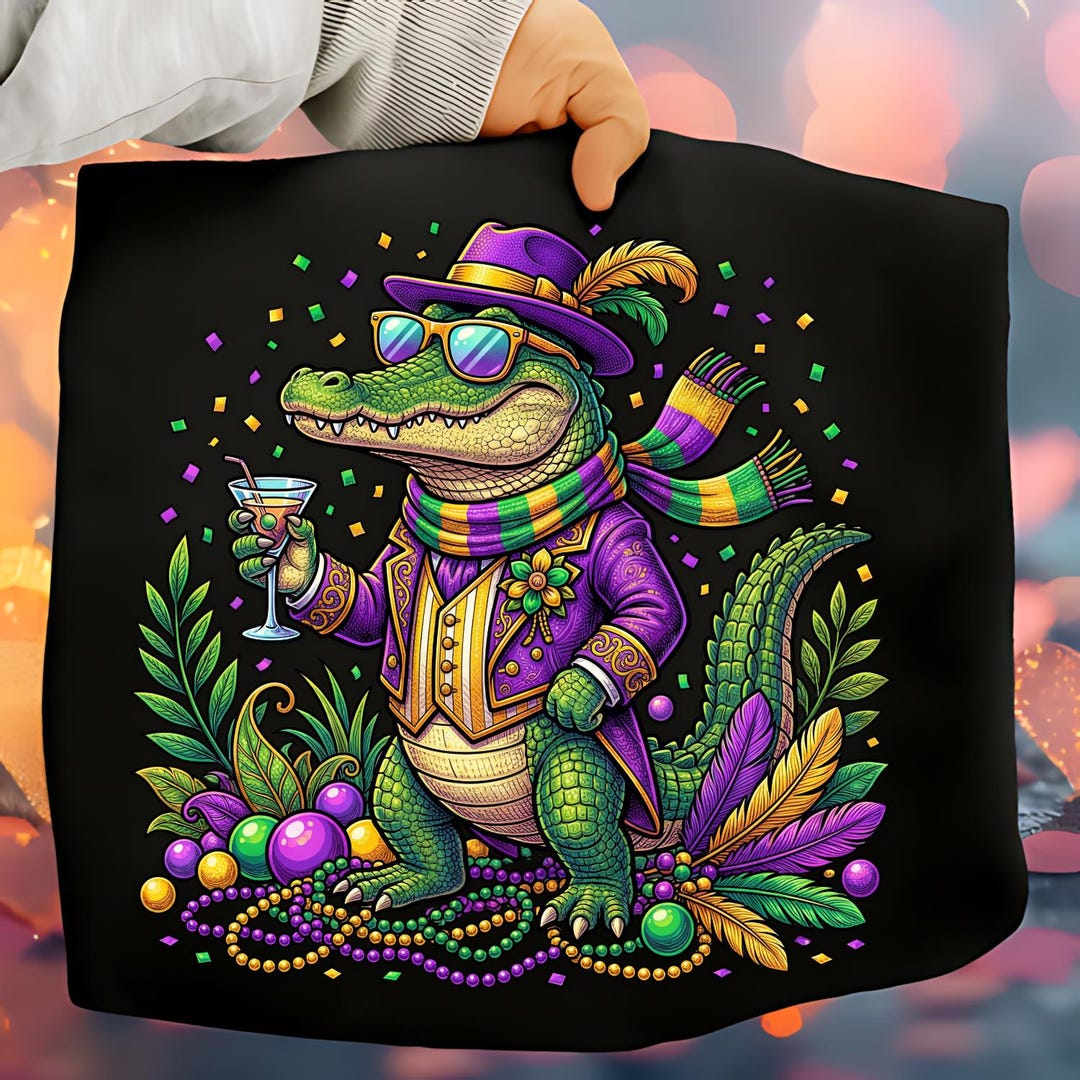 Mardi Gras Alligator PNG Sublimation Design, Dapper Gator With Beads ...