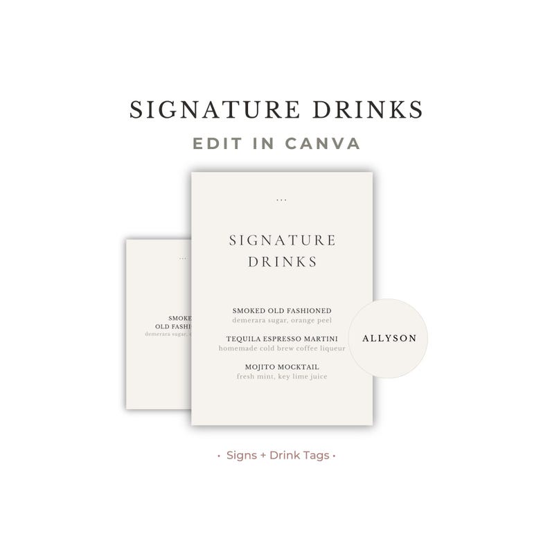Editable Bar Menu Canva Template | Signature Drinks Card Set | Minimal ...
