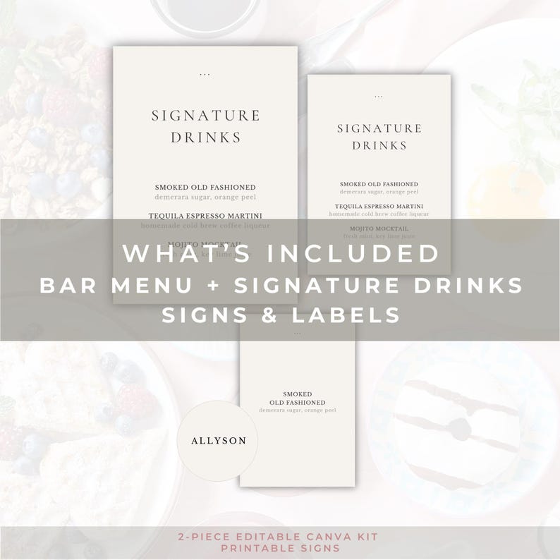 Editable Bar Menu Canva Template | Signature Drinks Card Set | Minimal ...