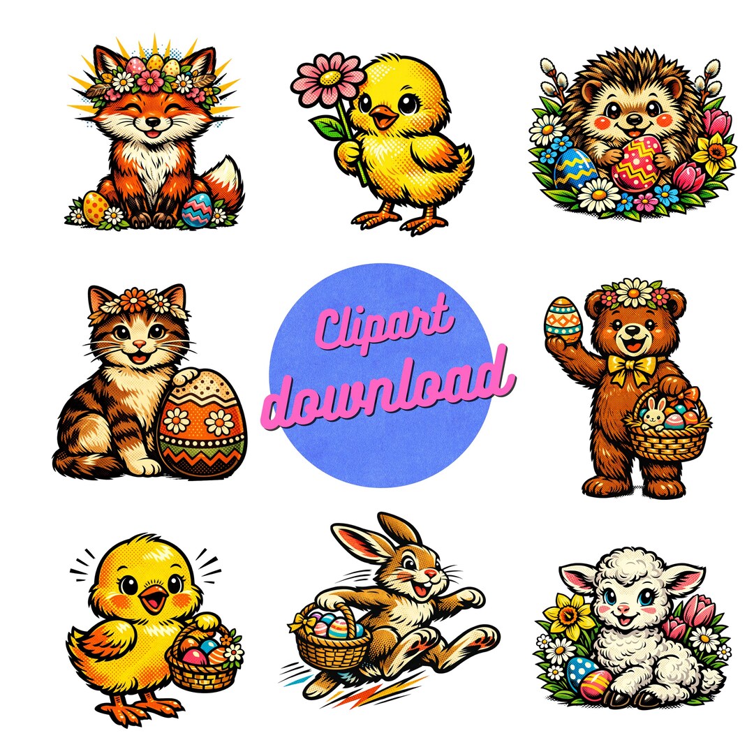 Cute Easter Animals Clipart PNG | Bunny Fox Bear Chick Hedgehog ...