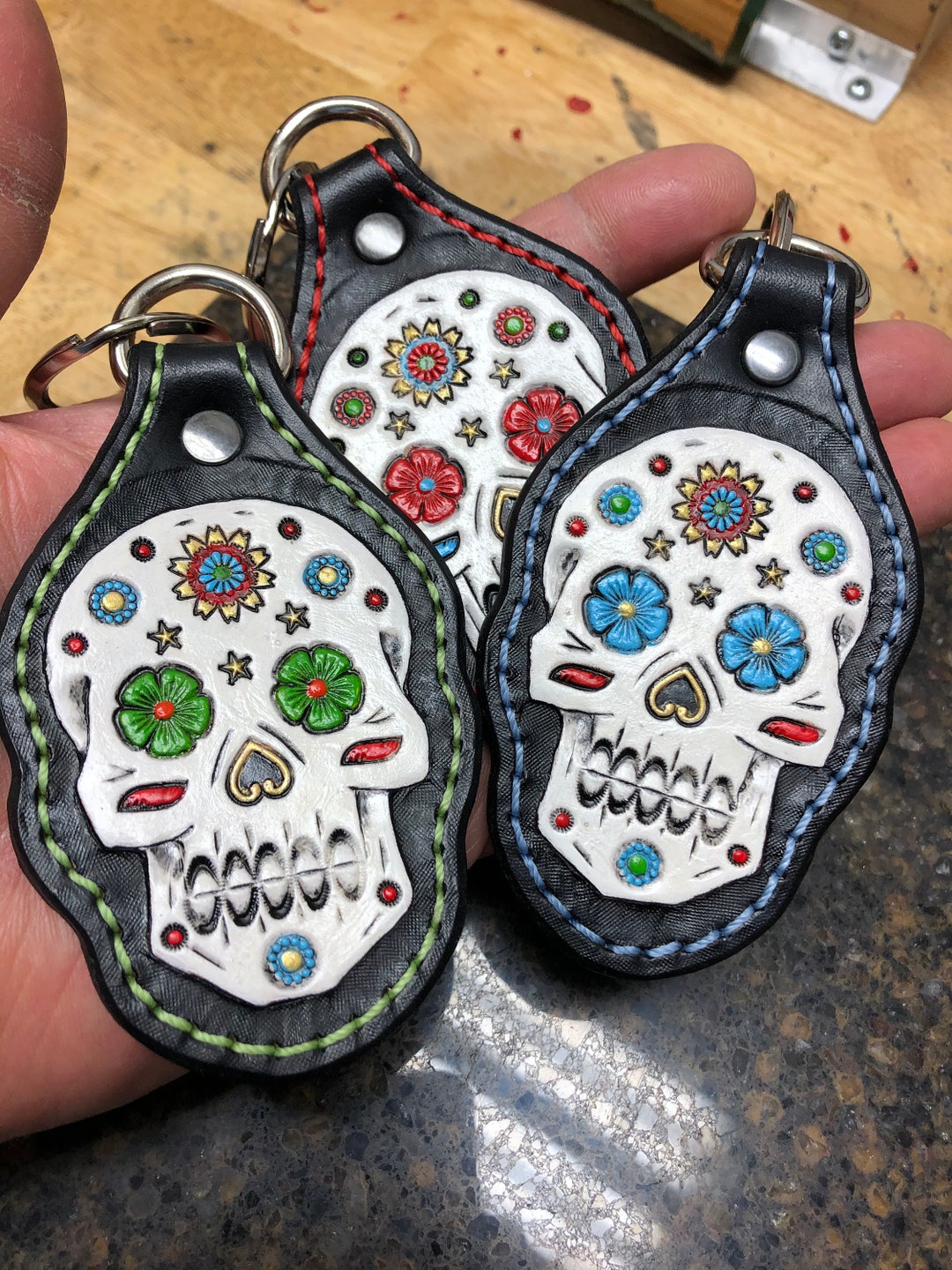 Leather Sugar Skull Key Chain - Etsy