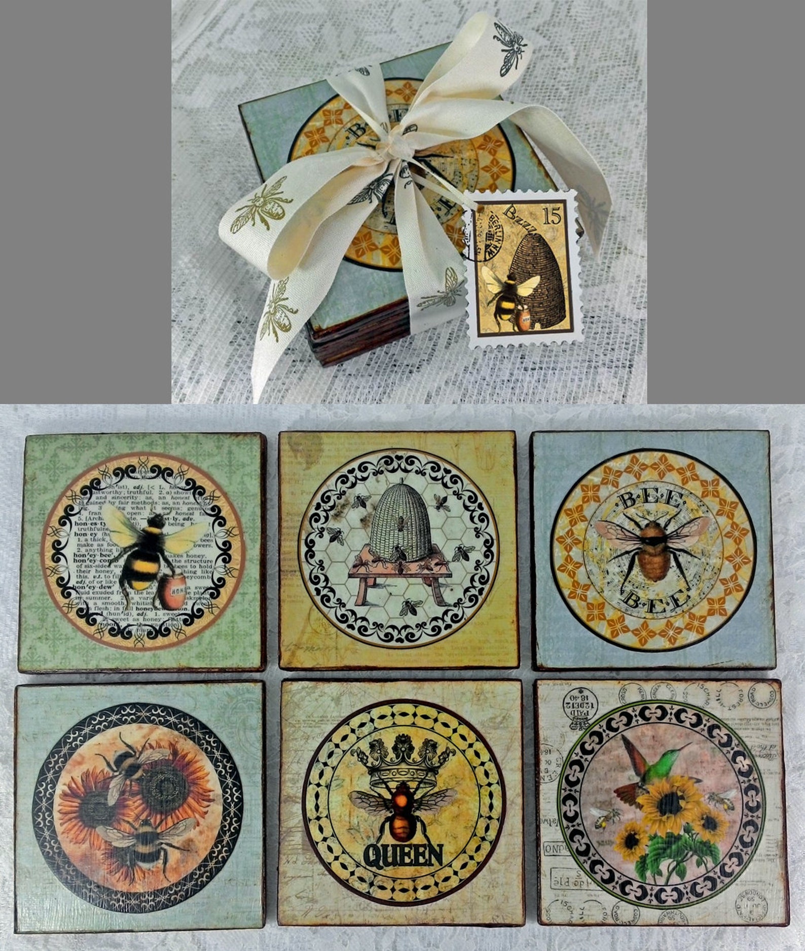 Bees Medallions Faux Postage Collage Sheet- Digital Printable - Instant ...