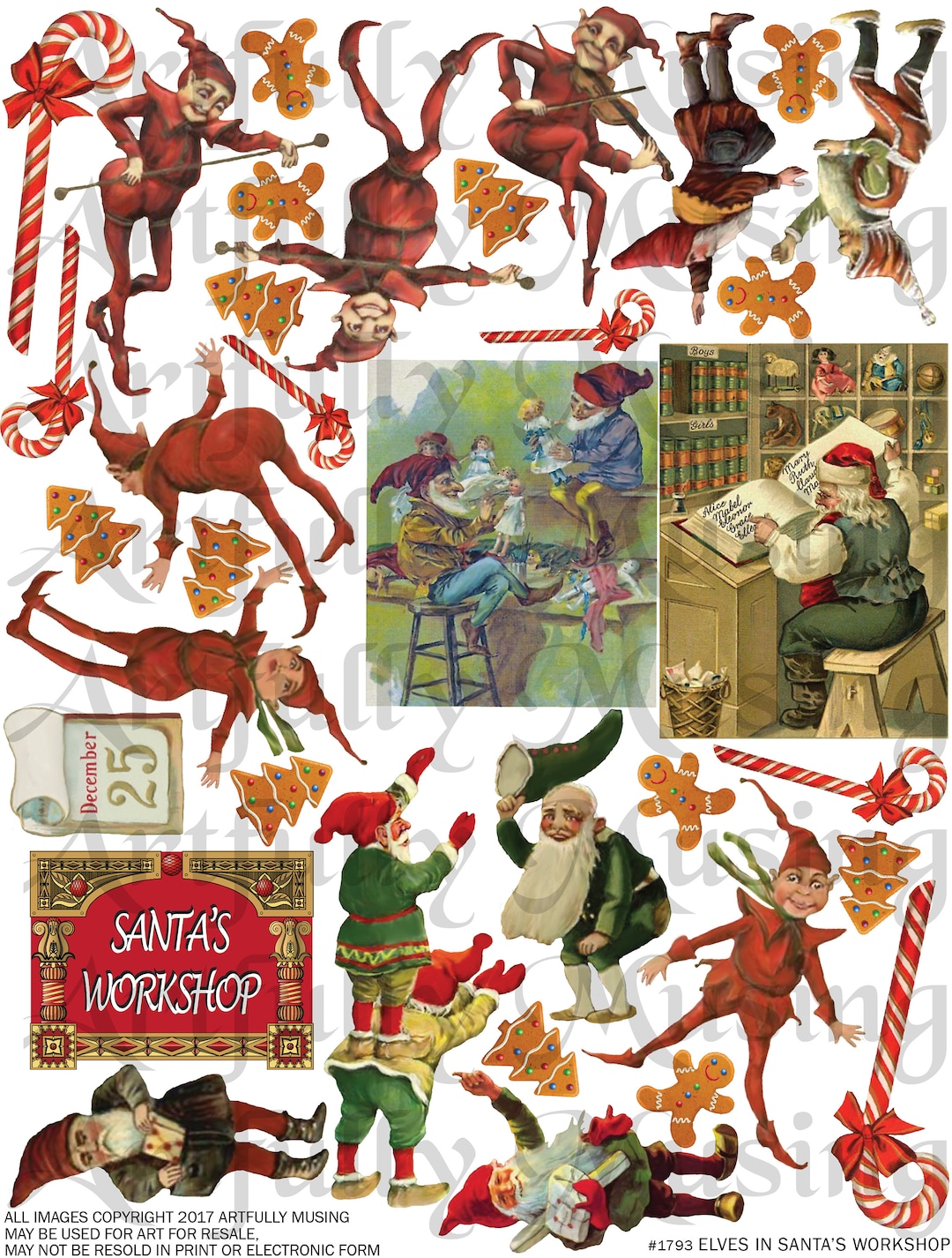 Christmas Elves in Santa's Workshop North Pole Collage Sheet - Digital ...