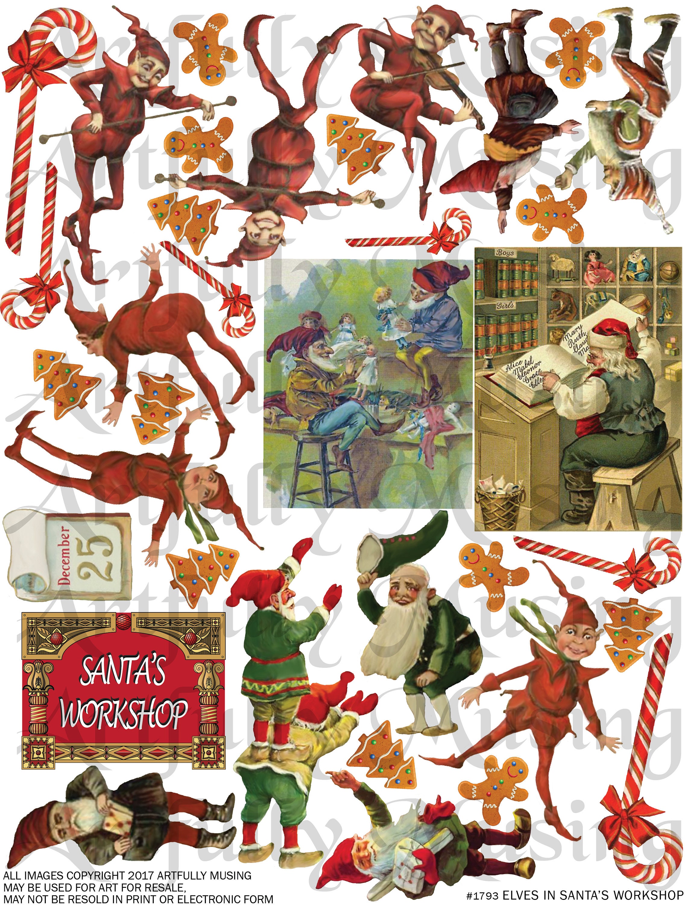Christmas Elves in Santa's Workshop North Pole Collage Sheet - Digital ...