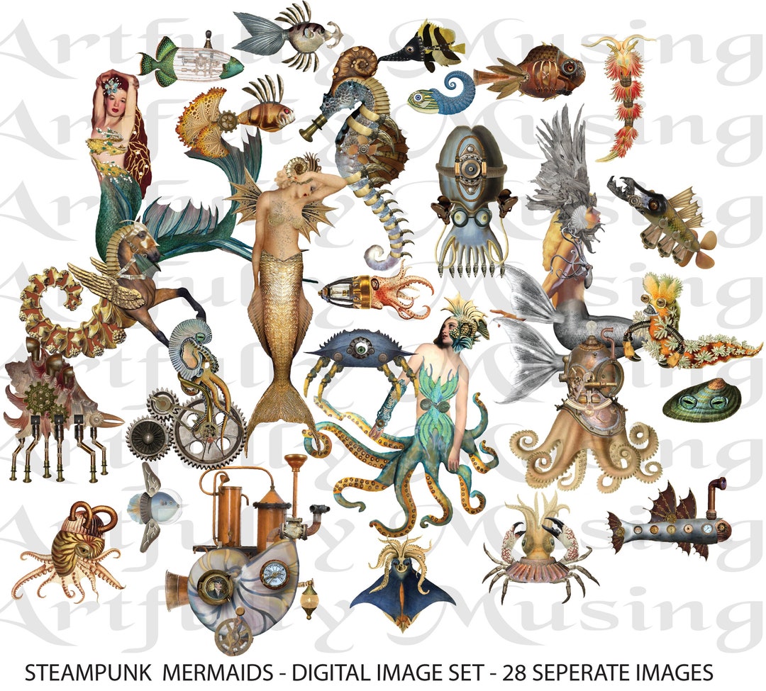 Steampunk Mermaids & Sea Creatures 28 Digital Image Set - Separate ...