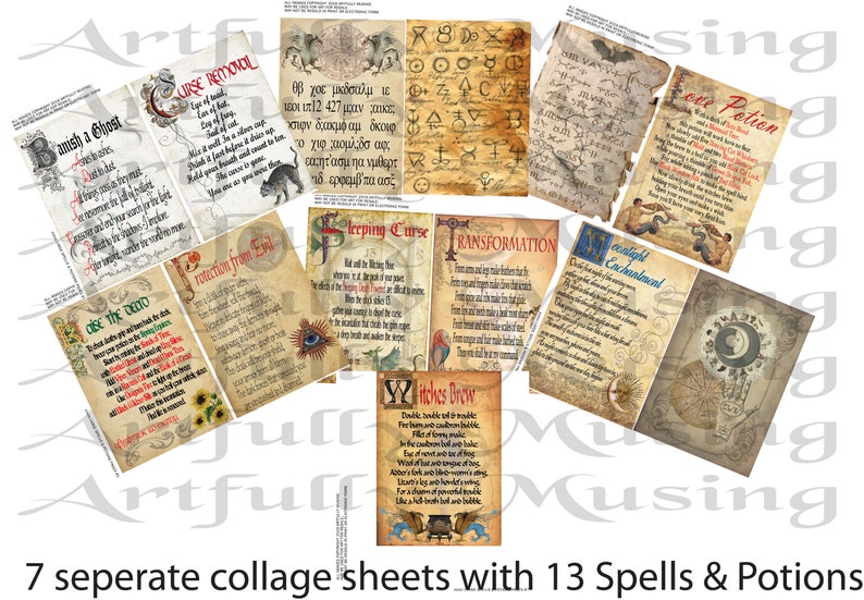 Large Magical Potion Spell Book Pages #1 - 7 Sheet Set- Spells Potions ...