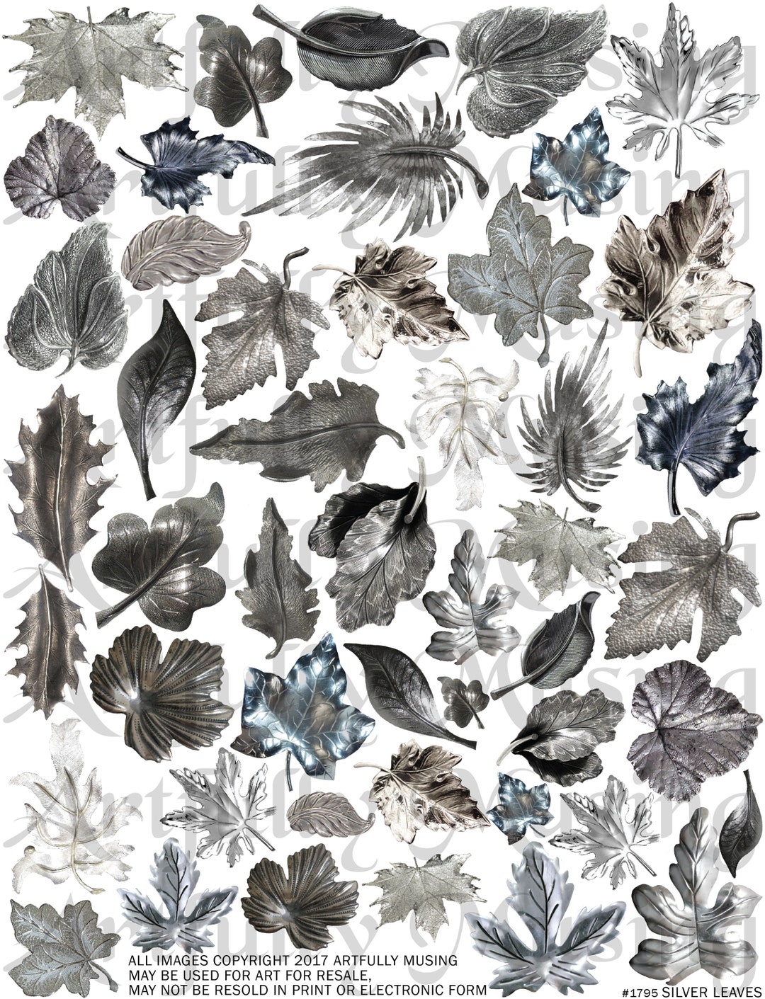 Silver Leaves Collage Sheet - Digital Printable - Instant Download ...