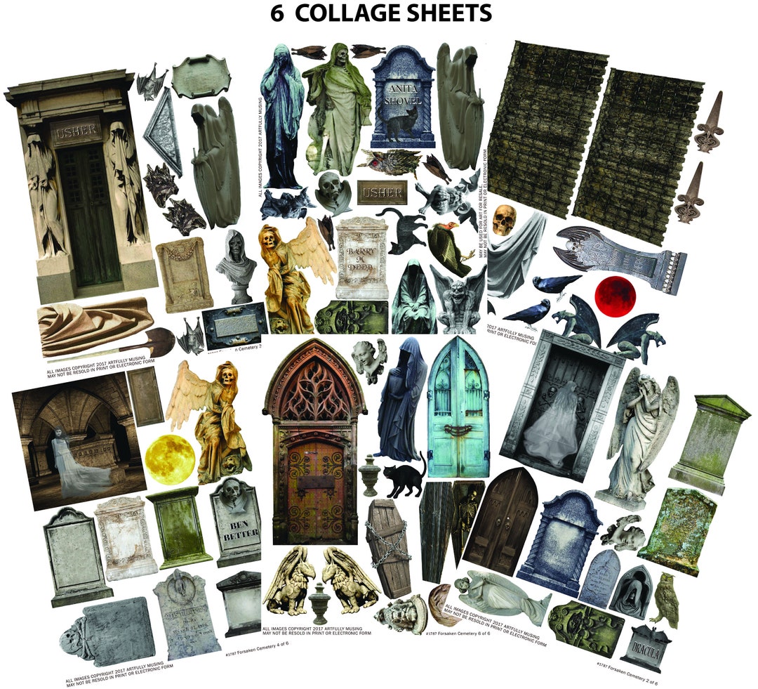6 Collage Sheets - FORSAKEN CEMETERY Halloween Collage Sheet- Digital ...