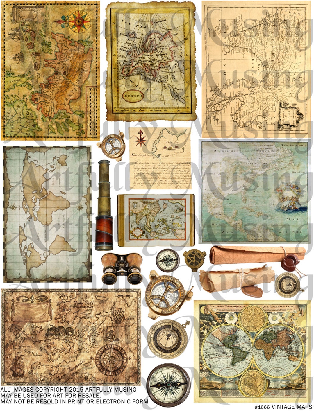 Vintage Maps Ephemera Collage Sheet- Digital Printable - Instant ...
