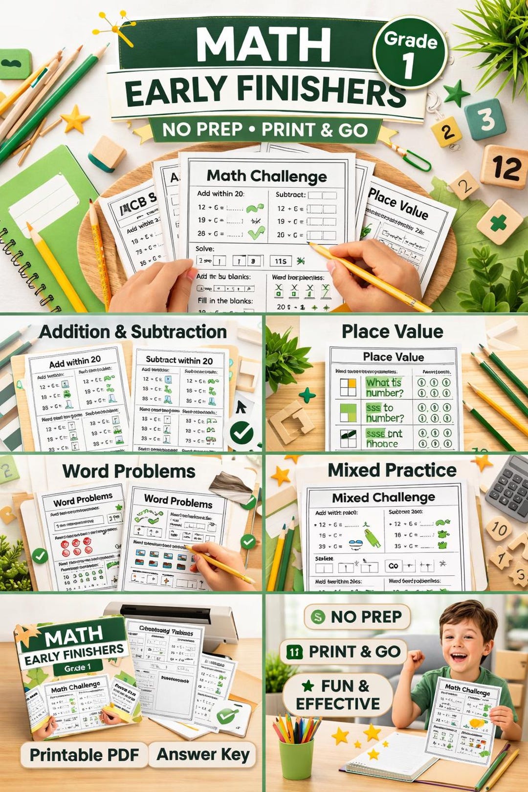 1st Grade Math Early Finishers Pack | Addition, Subtraction, Place ...