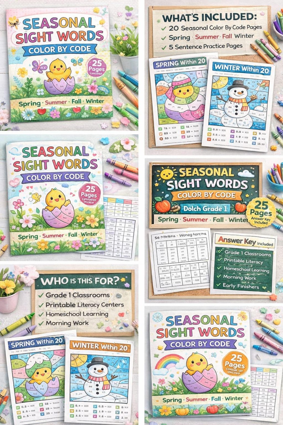 Grade 1 Seasonal Sight Words | Color by Code Worksheets (PDF Download ...