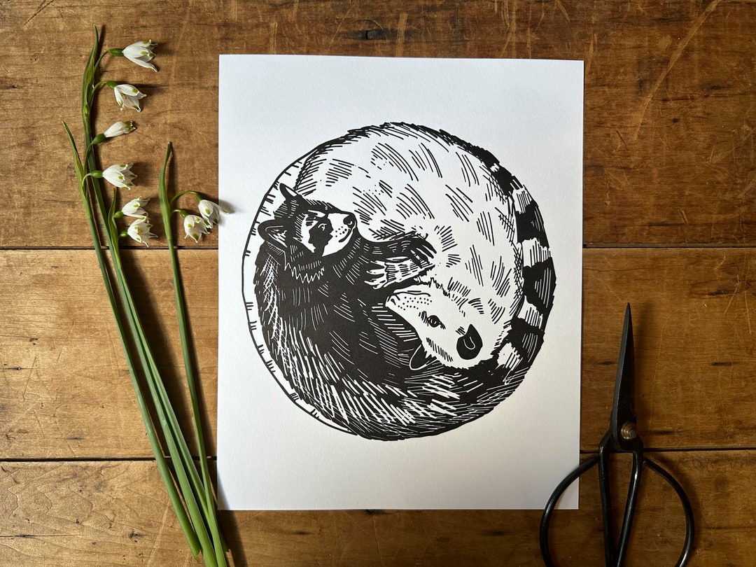 Possum Raccoon Circle Letterpress Print - Etsy