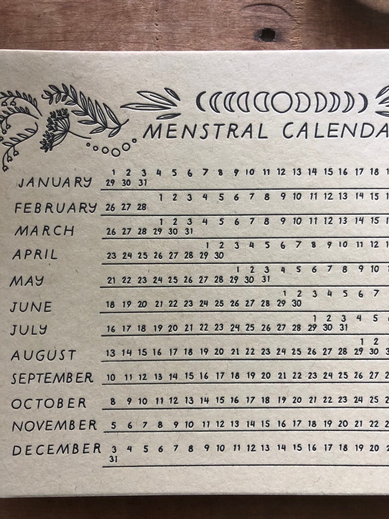 Menstral Calendar - Letterpress Menstrual Moon Chart - Etsy