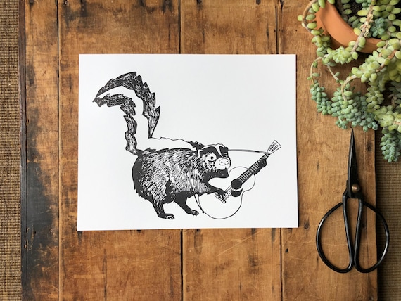 Skunk Playing Guitar Letterpress Art Print Illustration Folk | Etsy