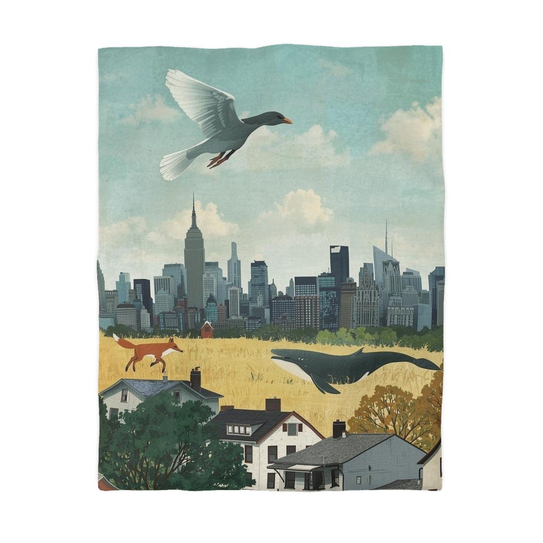 Cityscape Wildlife Duvet Cover | Whale, Fox, Pigeon Illustration - Etsy