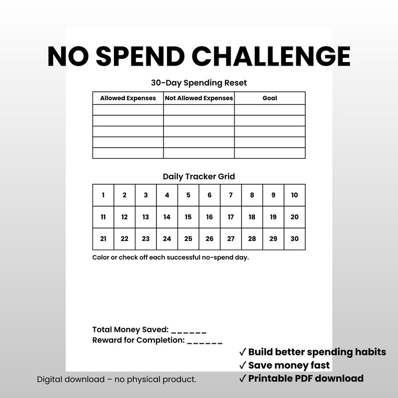 30 Day No Spend Challenge Printable | Budget Reset & Savings Tracker ...