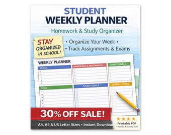 Student Weekly Planner Printable | Homework Study Organizer (digital ...