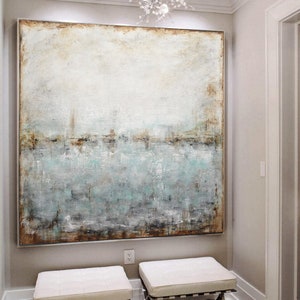 Large Original Art Square Abstract Painting Blue Brown Textured ...