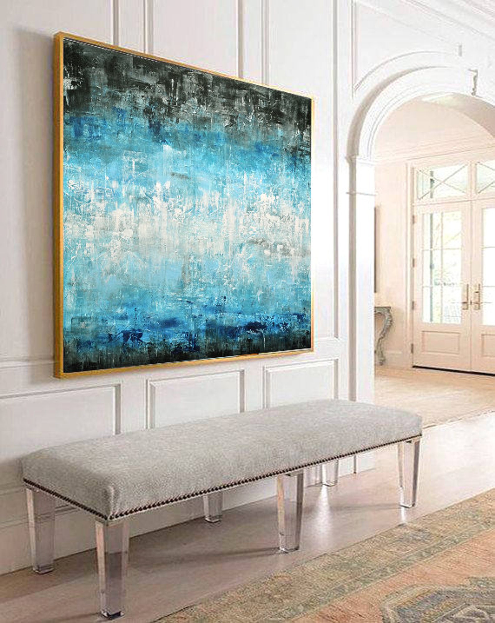 Large Abstract Painting White Blue Black Framed Artwork | Etsy