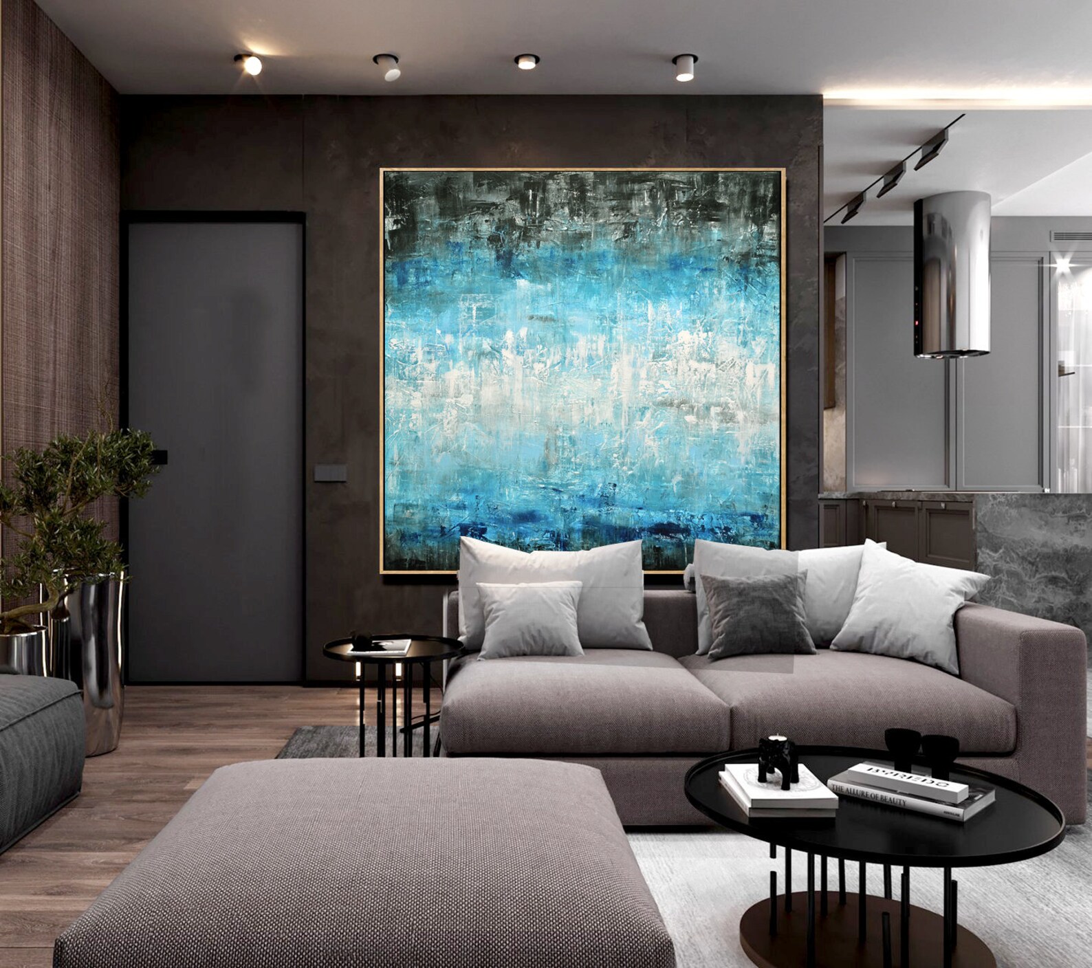 Large Abstract Painting White Blue Black Framed Artwork | Etsy