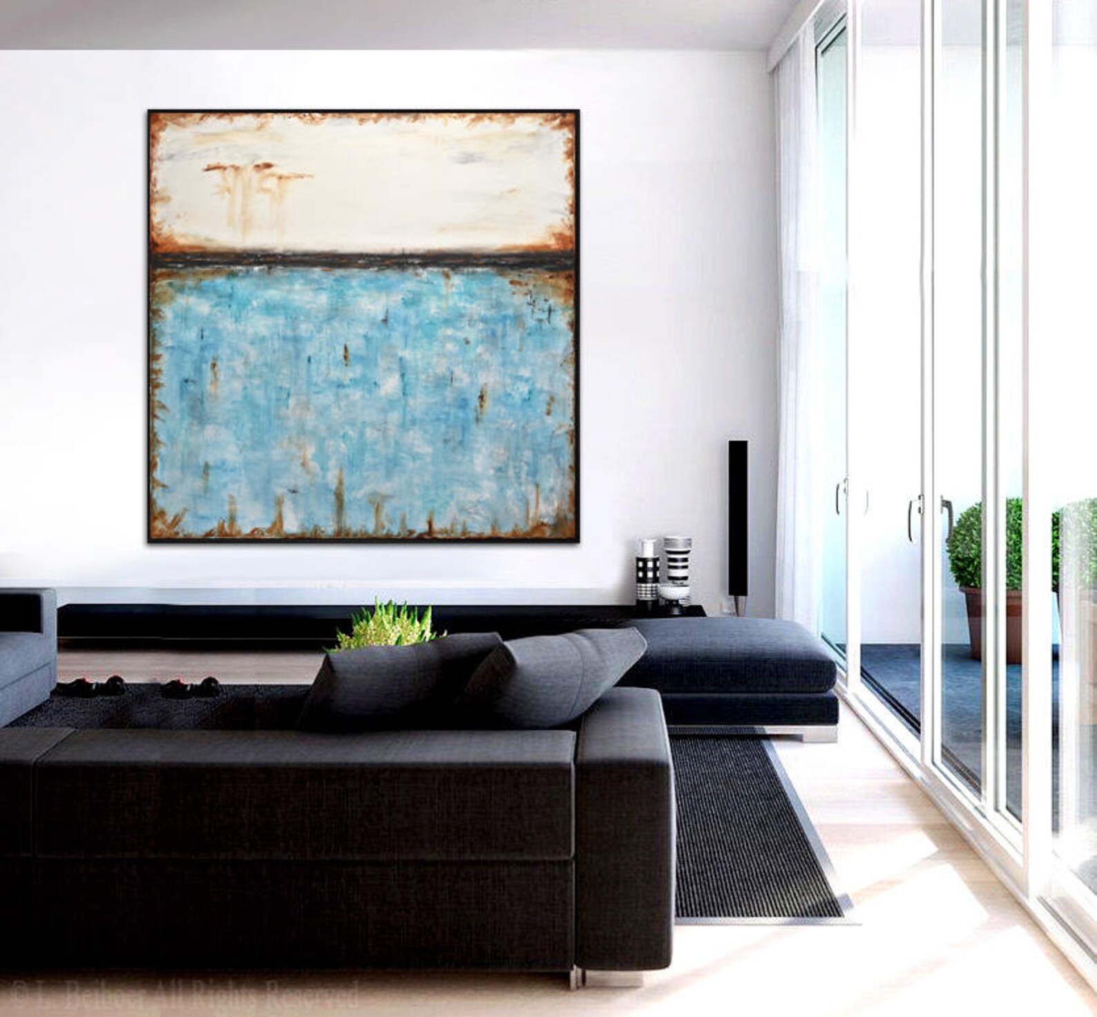 Original Large Square Abstract Painting White Blue Contemporary Art ...