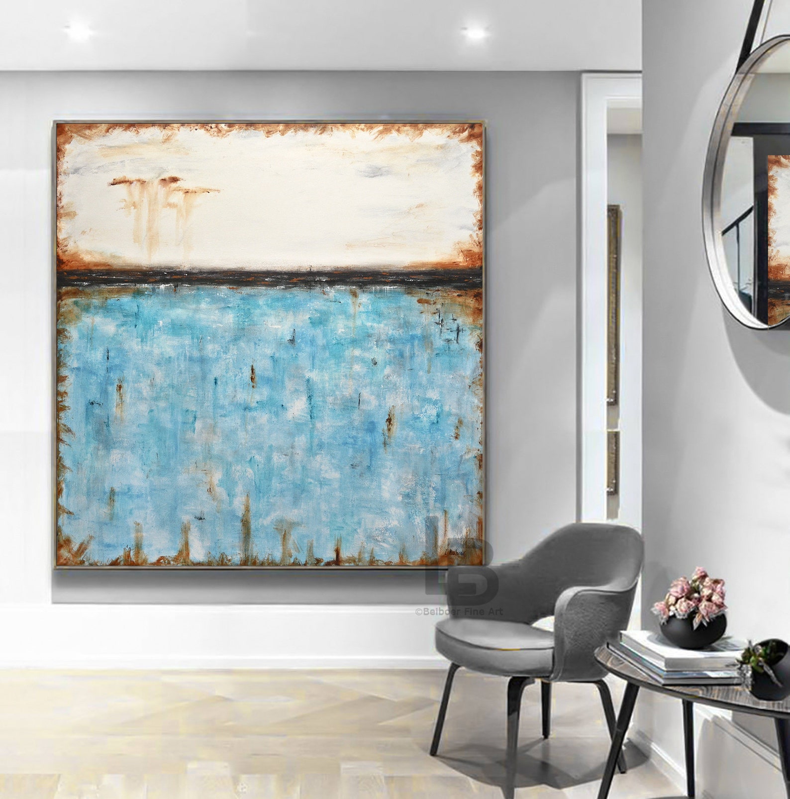 Original Large Square Abstract Painting White Blue Contemporary Art ...