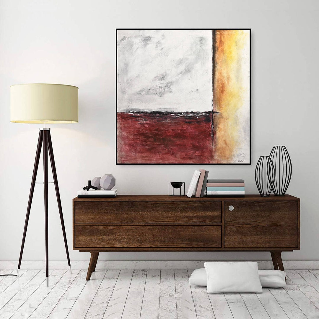 Original Painting Abstract Square Large Painting Wall Art Gray Red ...