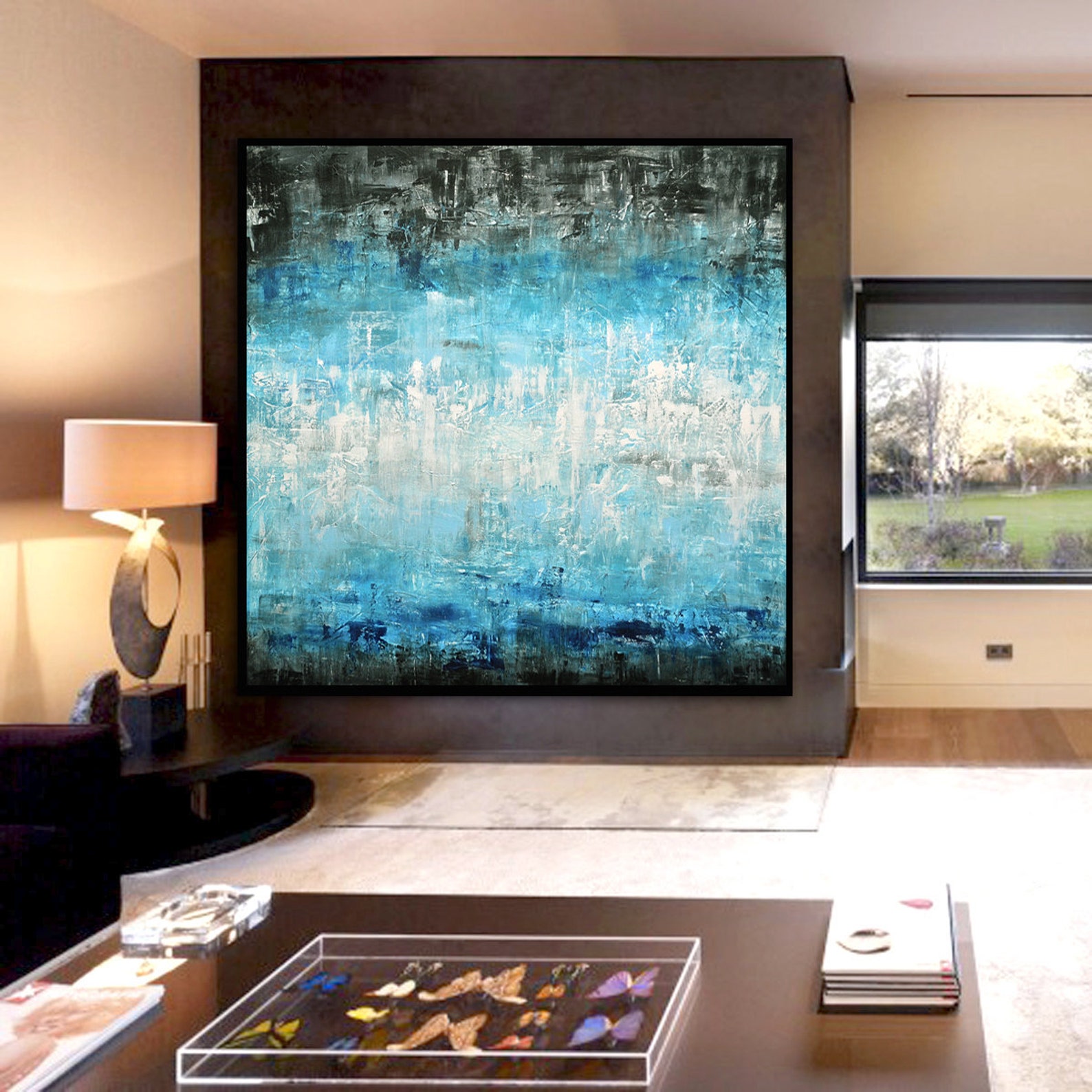 Large Abstract Painting White Blue Black Framed Artwork | Etsy