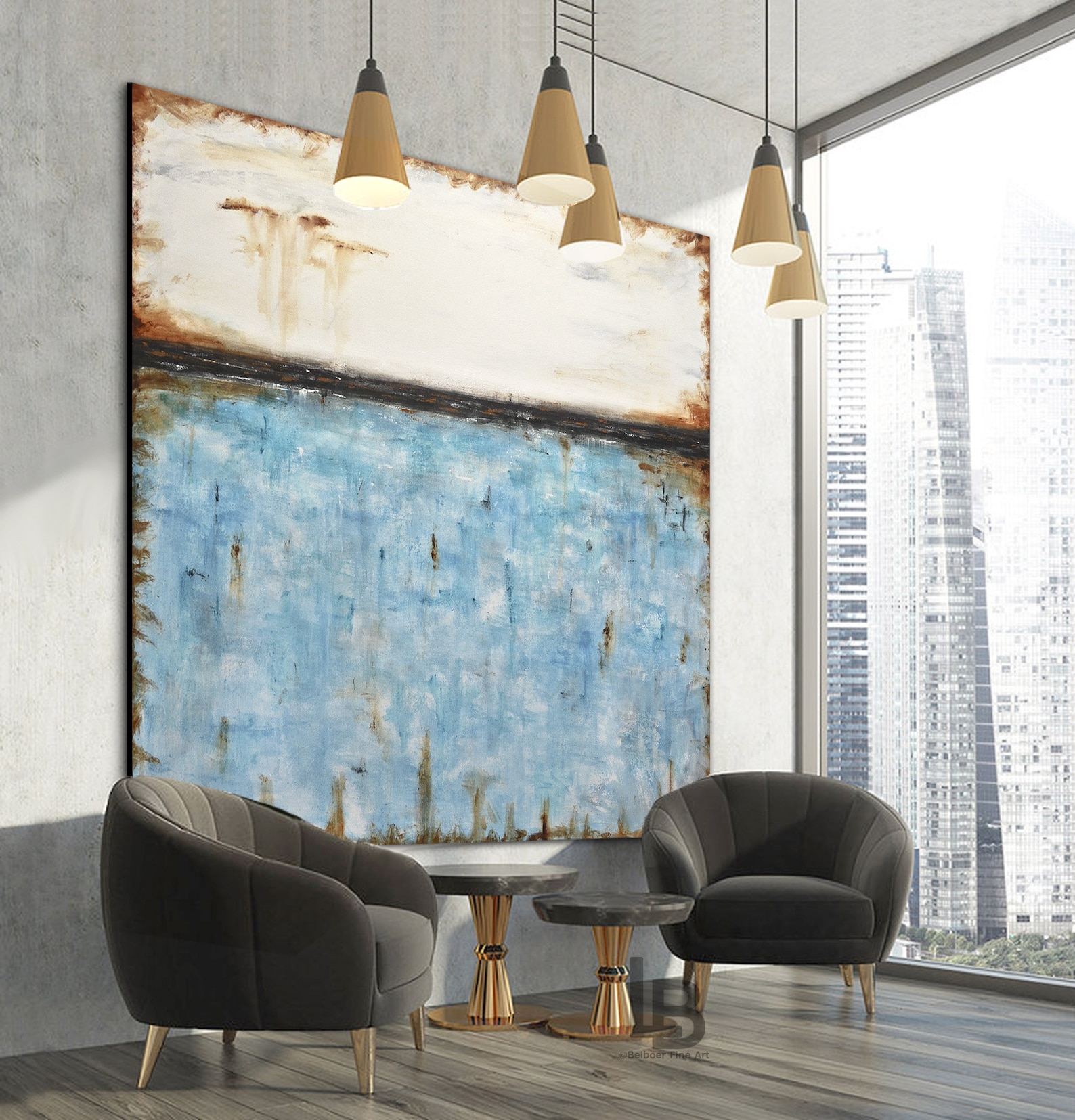 Original Large Square Abstract Painting White Blue Contemporary Art ...