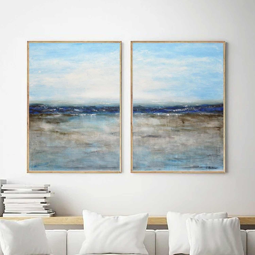 Set of 2 Panel Blue Brown Abstract Paintings on Canvas, Diptych Wall ...