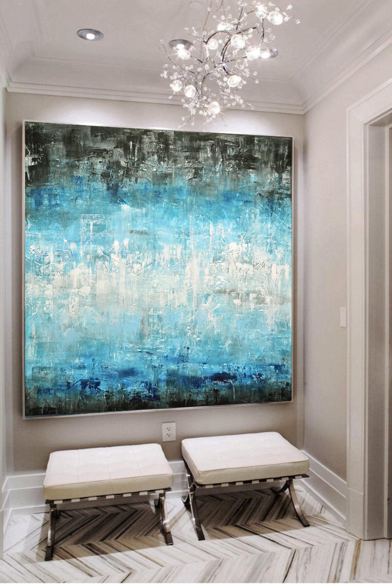 Large Abstract Painting White Blue Black Framed Artwork | Etsy