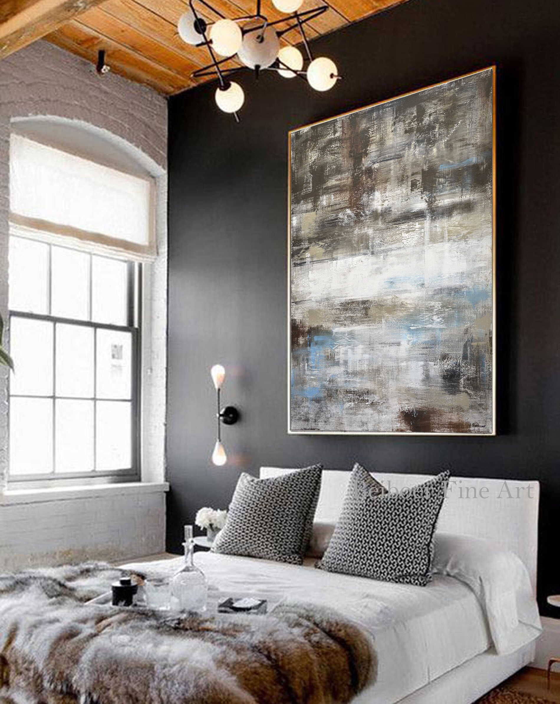 Oversized Original Loft Style Wall Art Vertical Abstract Painting Umber ...