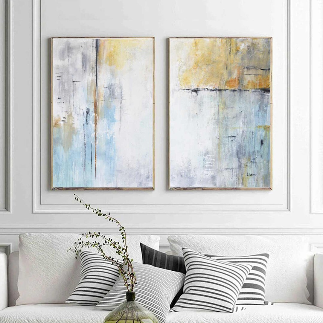 Two Panel Blue Yellow Abstract Paintings, Diptych Extra Large Wall Art ...