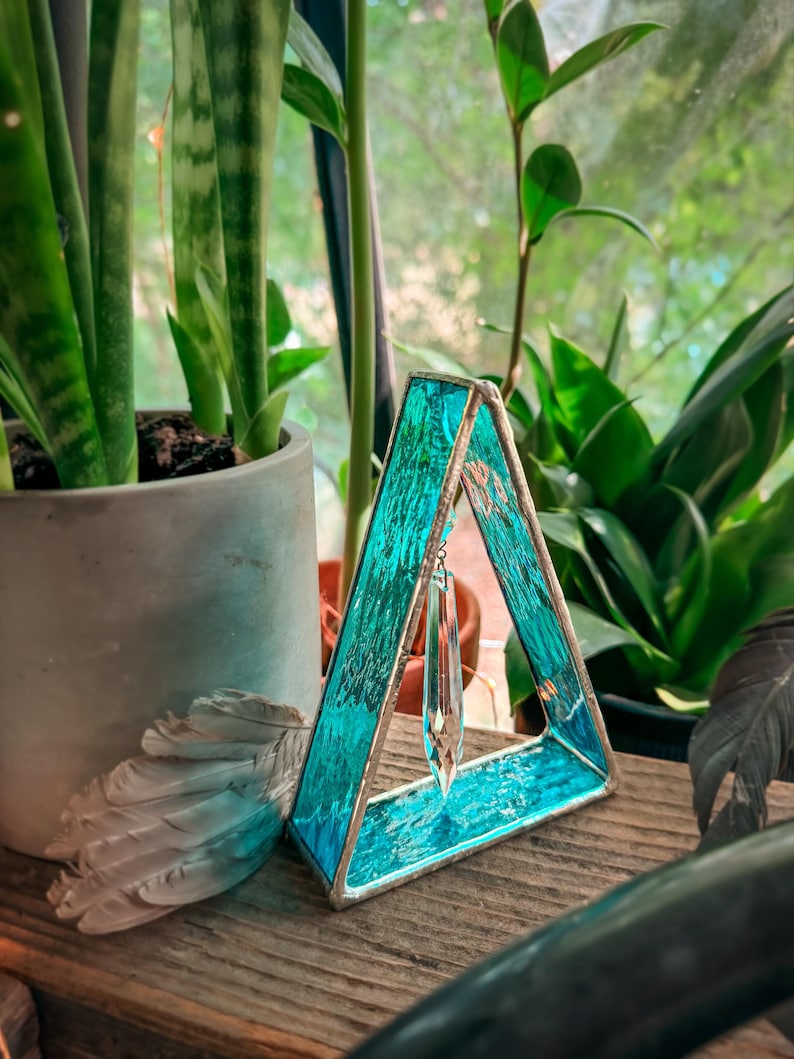 Stained Glass Triangle Sun Catcher: Ocean Blue Prism, Celtic Knot ...