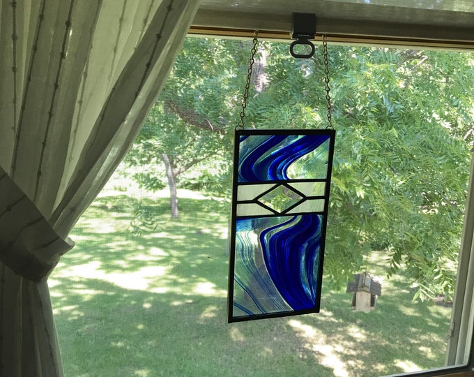 Stained Glass Beveled Suncatcher With Cobalt Blue Waterglass Border - Etsy