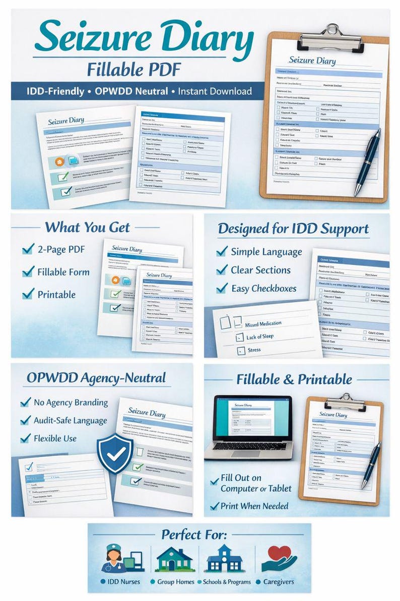 Seizure Diary Log- Fillable Pdf | ID/DD Friendly | OPWDD Agency Neutral ...