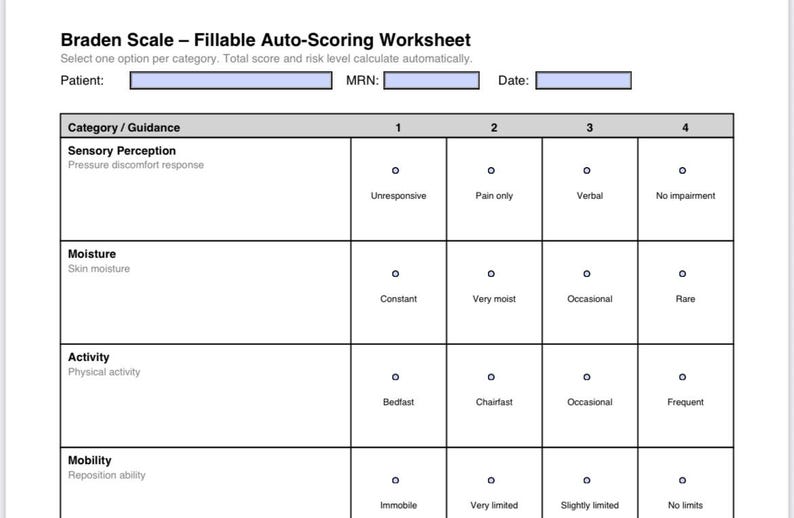 Fillable Nursing Braden Scale PDF | Auto-calculating Pressure Injury ...