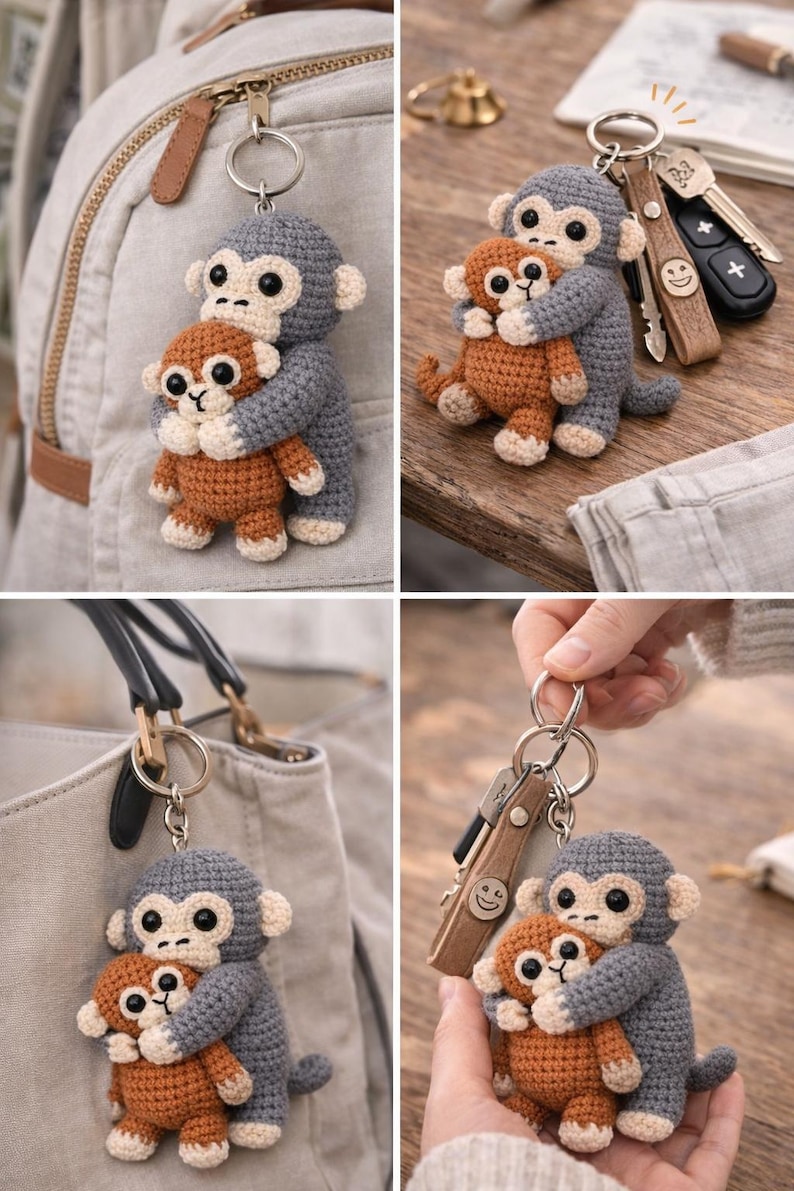 Monkey Keychain, Crochet Monkey Keychain, Amigurumi Monkey Keyring ...