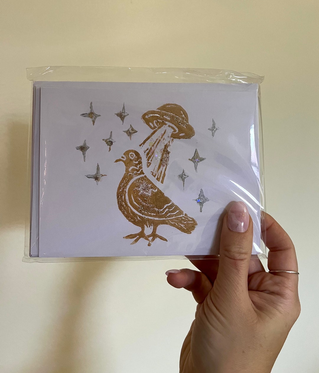 Gold Silver Alien Pigeons Linocut Block Print Greeting Cards - Etsy