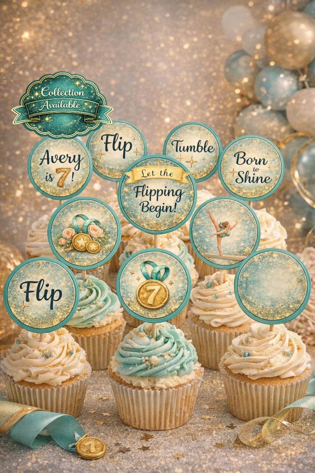 Editable Gymnastics Birthday Cupcake Toppers, Gold Spotlight Party ...