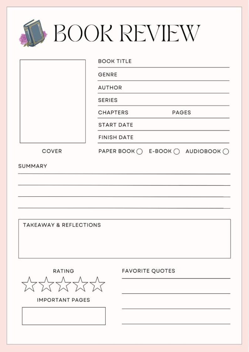 Printable Book Review Template | A4 Reading Journal Form (digital ...